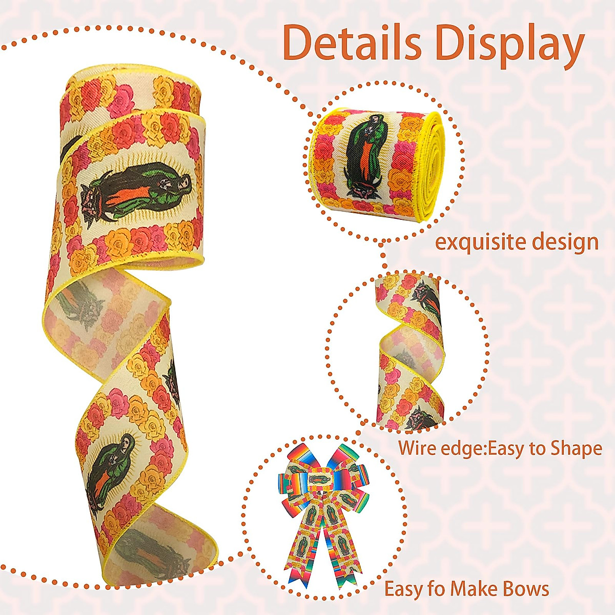 HIENAJ 2 Rolls 2.5 Inches 10Yards Mexican Cinco de Mayo Fiesta Ribbons Mexican Fabric Ribbons Serape Virgin Mary Ribbon for Mexican Fiesta Gift Wrapping Outdoor Hanging Party Decoration Supplies