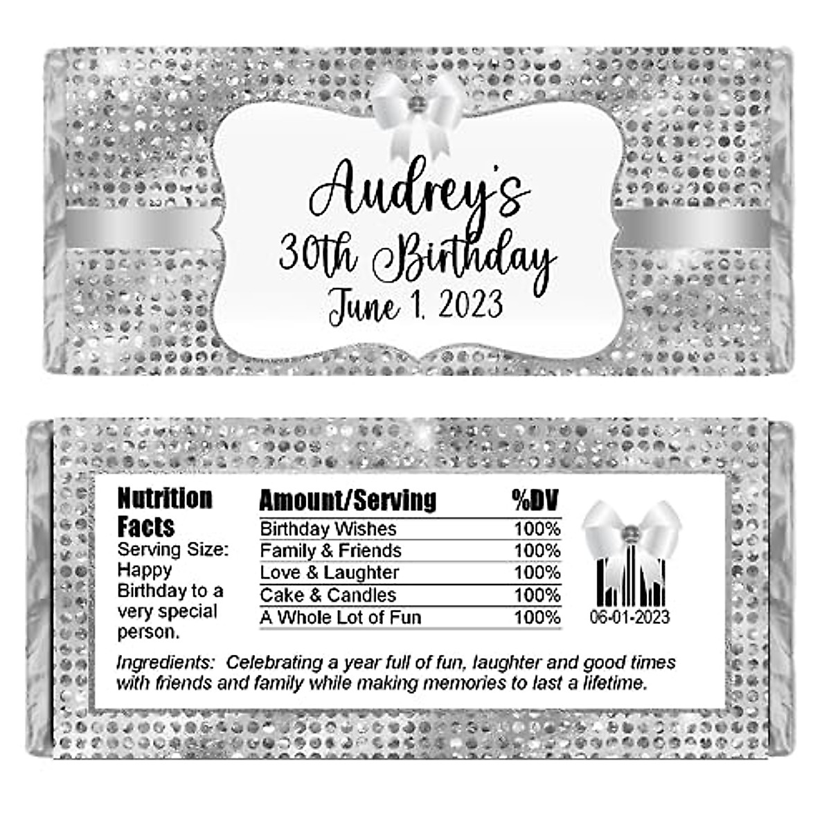 Personalized Candy Wrappers for Chocolate, Birthday Party Favors, Pack of 20 Custom Hershey Bar Labels (Silver)