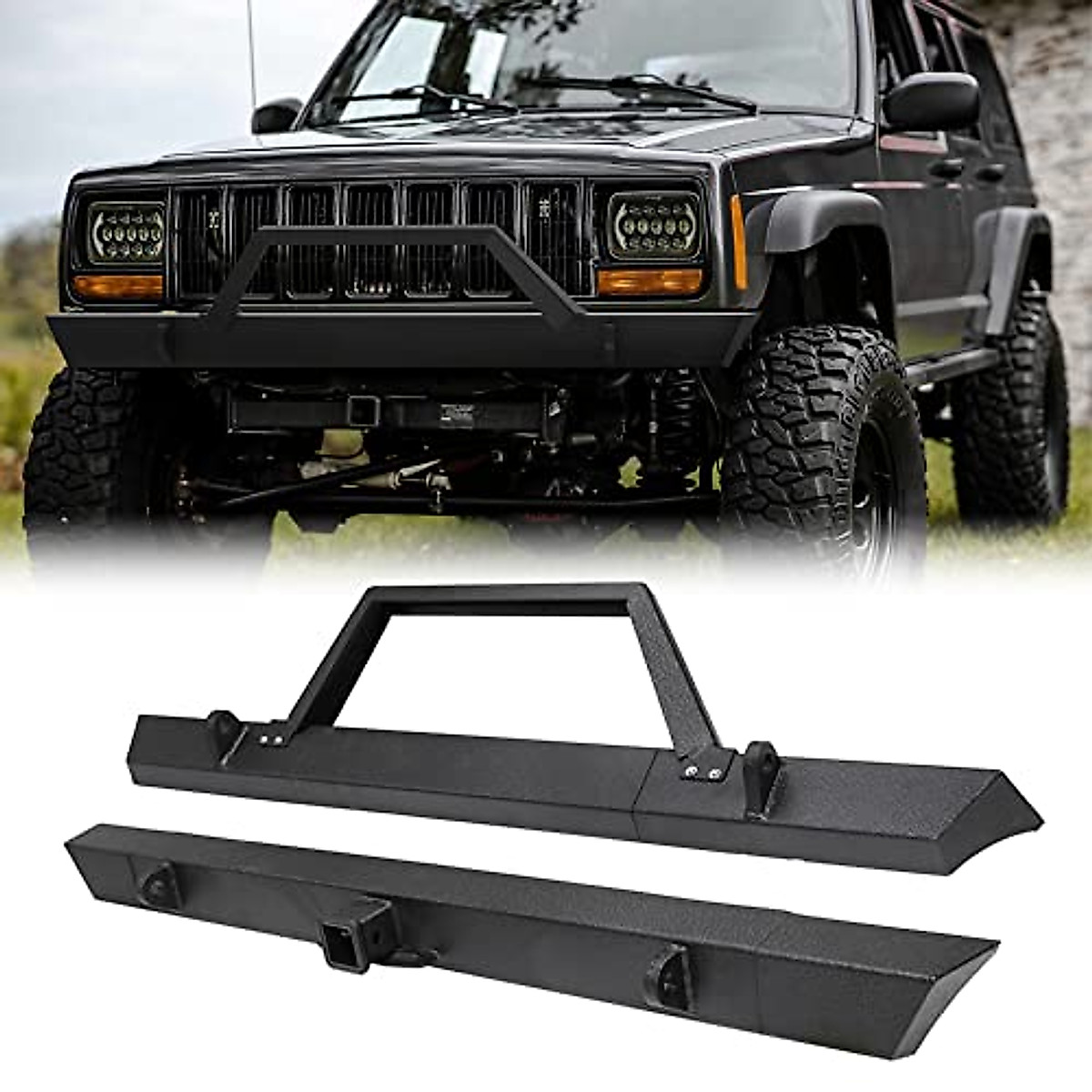 Autoholic Front Bumper & Rear Bumper Kit Fit for 1984-2001 Jeep Cherokee XJ with Hitch Receiver D-rings