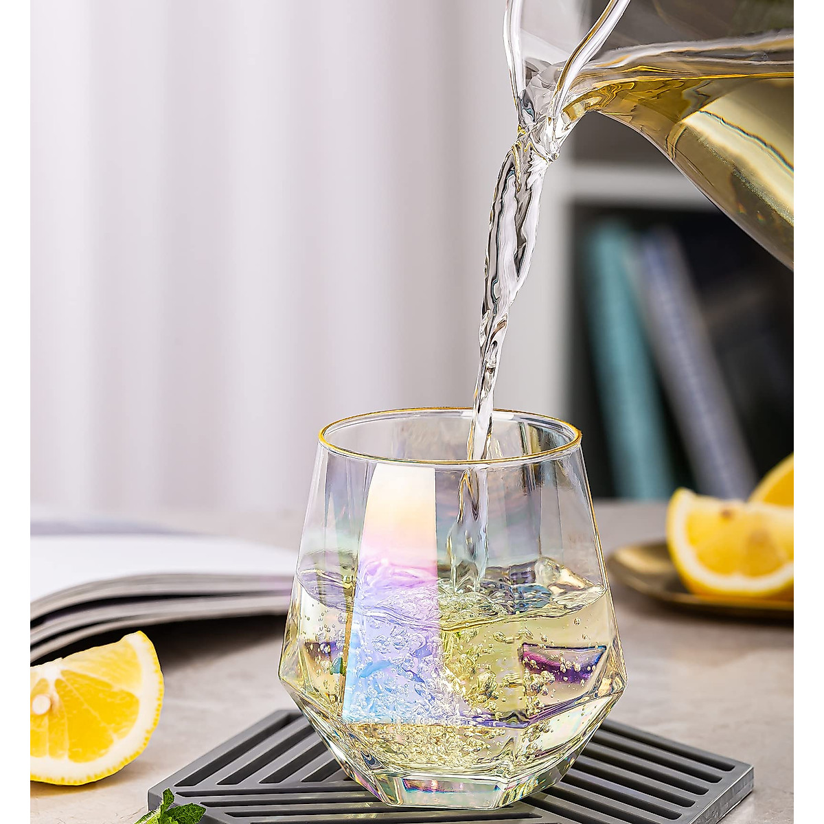 XKXKKE Diamond Wine Glass Set of 2, 10 OZ Modern Stemless Gold Rim Glass Cups Drinking Glassware for Serving Party,Home,Bar, Restaurants Colorful 2 Pack