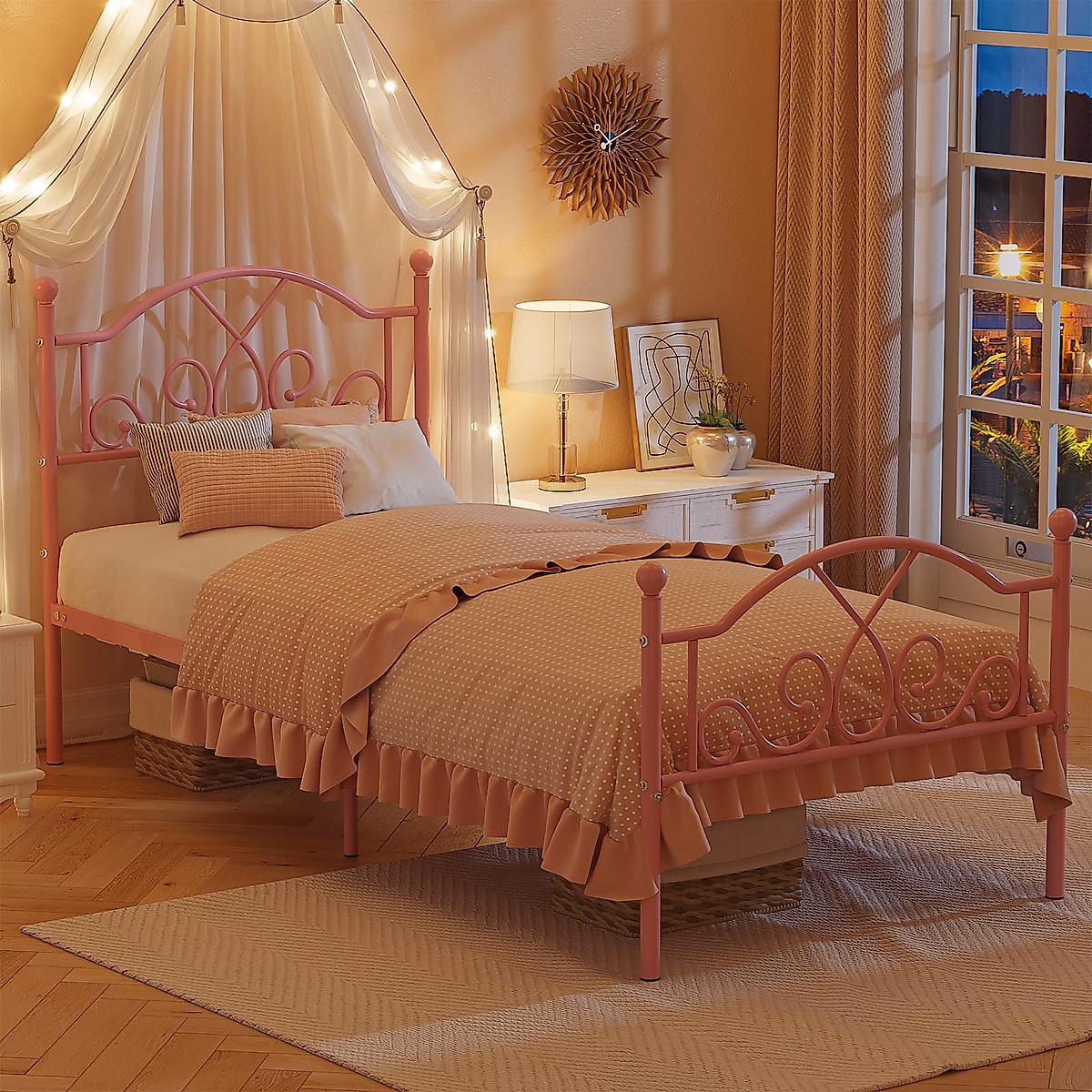 Weehom Twin Bed Frames, Modern Twin Size Metal Bed Frames for Kids Girls, No Box-Spring Needed Twin Platform Bed Frame with Unique Headboard and Footboard, 11.23 Inches Storage Space - Pink