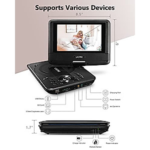 UEME Mini DVD Player for Kids with 7 inches Swivel Screen and Internal Rechargeable Battery, Support DVD CD USB SD Card, with Car Headrest Mount Holder, Region Free