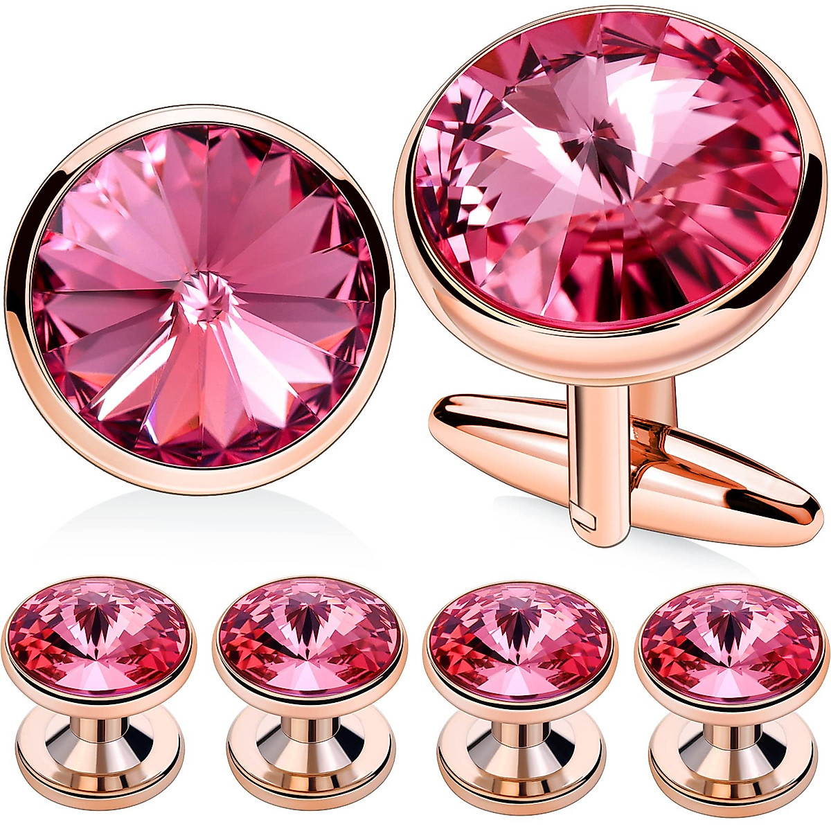 HAWSON Cufflink and Studs Tuxedo Set Silver Color with Austrian Crystals in Jet Hematite, Dark Blue, Crystal Grey,Purple, Green (Rose (Cufflinks with Studs)