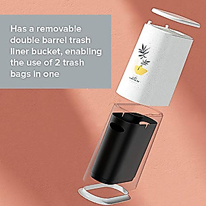 3.2Gal/12.1L Oval Slim Trash Can - Nordic Style Garbage Can with Lid - White Plastic Trash Can w/ Press Top White Lid - Space Saving Kitchen Trash Can w/ Double Barrel Removable Plastic Bin Liner