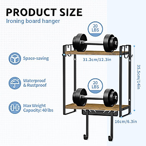 EsLuker.ly 2 Tiers Ironing Board Holder Wall Mount, Iron Board Hanger Rack Organization with Removable Hooks, Laundry Room Shelves with Large Wooden Baskets for Iron and Ironing board Set, Black