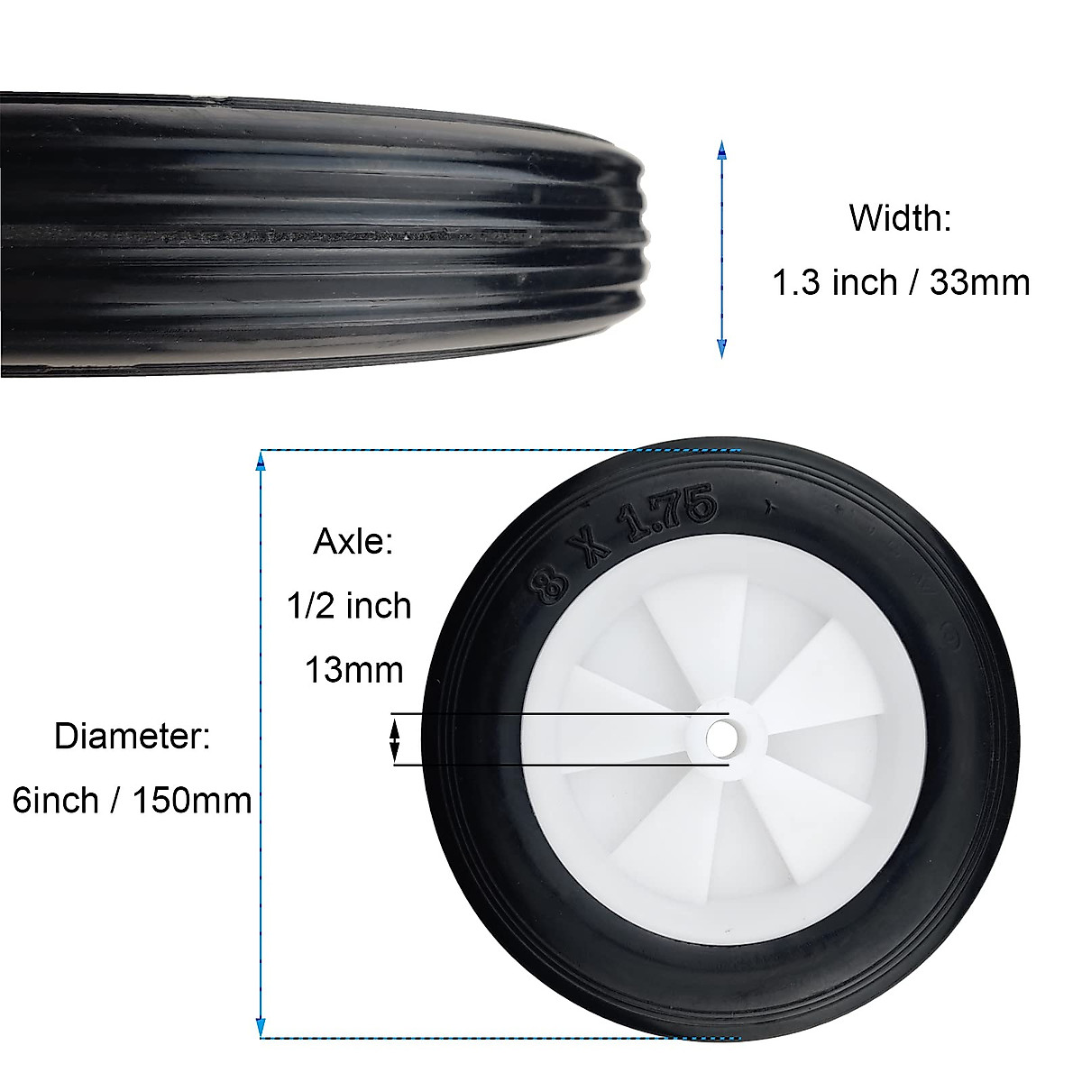 KUANMIN 2 pcs Dolly Wheels, 6 inch Flat Freee Solid Rubber Wheels, 6'' x 1.30'' Lawn Mower Wheels, Pack of 2 Replacement Dolly Wheels (Black)