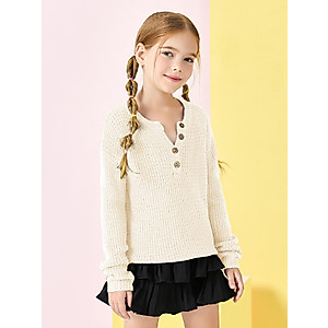 rrhss Girls Waffle Knit Sweaters Trendy Henley Button V Neck Long Sleeve Pullover Jumper Tops Off-White