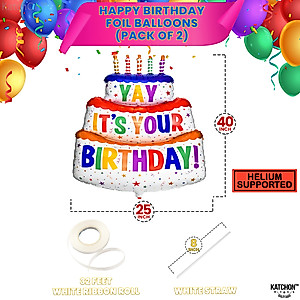 KatchOn, Giant Happy Birthday Balloon - 40 Inch, Pack of 2 | Happy Birthday Printed Balloons | Yay Balloon for Happy Birthday Decorations | Happy Mylar Birthday Balloons, Rainbow Birthday Decorations