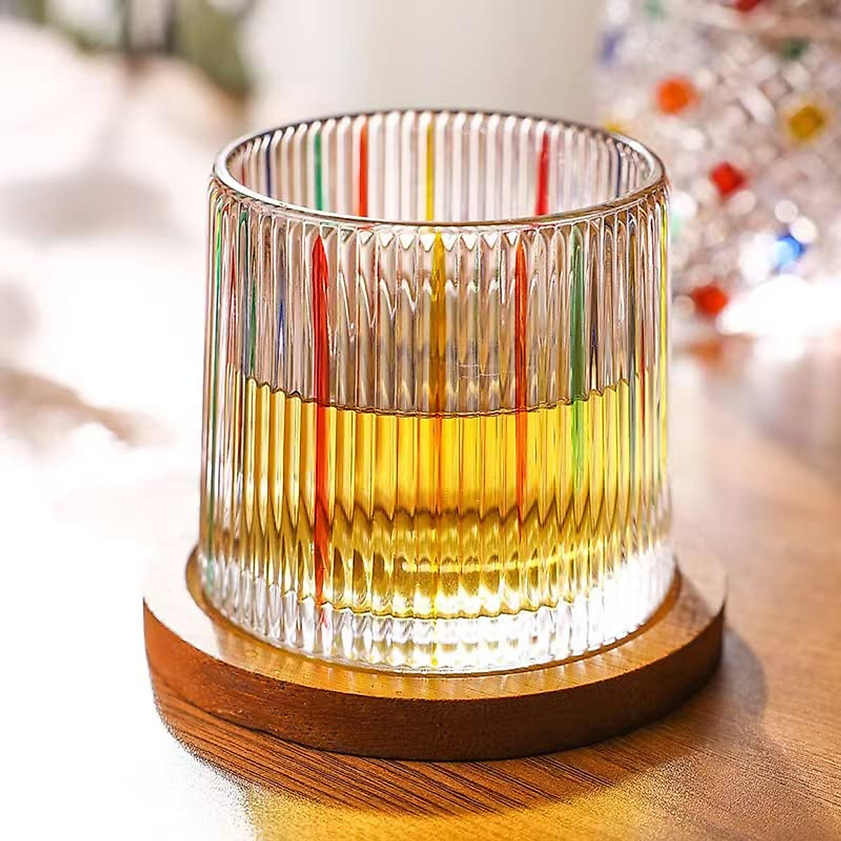 Jarler Wine Glass Crystal Whiskey Glasses Spinning Rocks Glasses with Rotatable Coaster, 9.2 Oz Hand Painted Colorful Old Fashioned Glass, Bar Tequila Glasses (Stripes, 1)