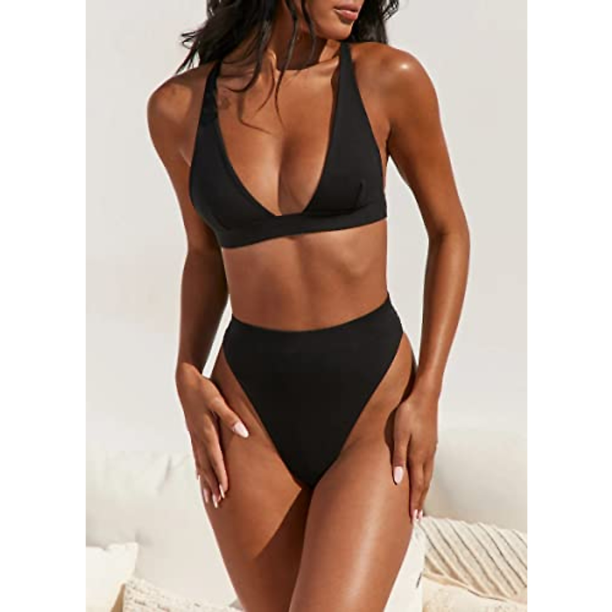 fatty tiger Womens High Waisted Thong Bikini Sets Sexy Brazilian Triangle Top Deep V Neck Two Piece Swimsuit Bathing Suits (Black, Large)