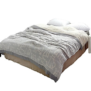 Purefair 100% Muslin Cotton Throw Blanket for Couch Bed Adults Kids, Cartoon Cat Printed Quilt 4 Layers Ultra Soft Lightweight Reversible Gauze Blanket for All Season (Grey,60"x80")