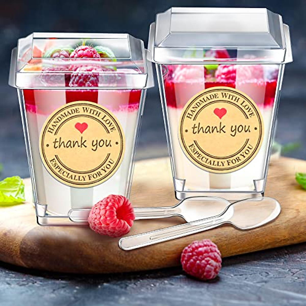 100 Packs Clear Plastic Dessert Cups with Spoons and Stickers, 6 oz Small Clear Plastic Parfait Cup Disposable Appetizer Cup Shooter Cup for Dessert Appetizers, Puddings, Mousse, Ice Cream (Square)