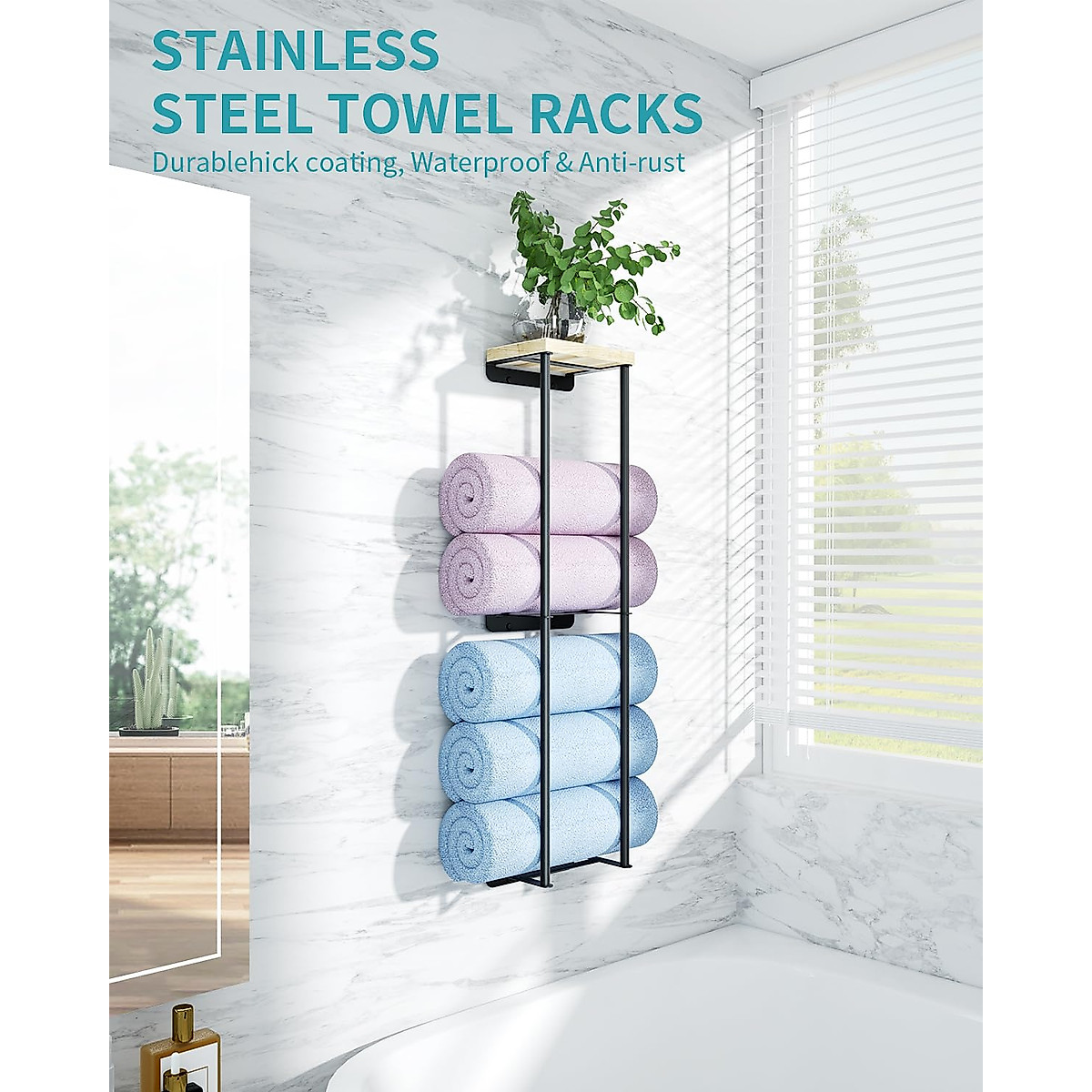 Towel Racks for Bathroom, 2 Tier Wall Towel Holder with Wood Shelf, Metal Wall Mounted Towel Rack Bathroom Organizers and Storage, Black -V1