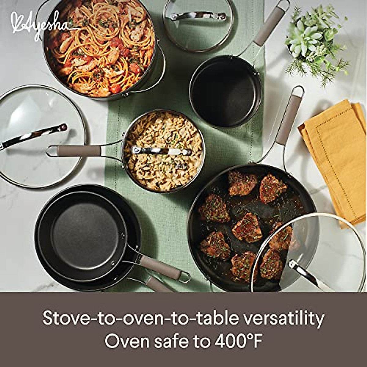 Ayesha Curry Kitchenware Professional Hard Anodized Nonstick Cookware Pots and Pans Set, 10 Piece, Charcoal