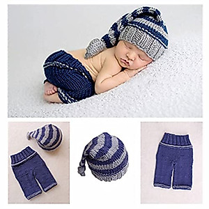 Newborn Baby Photo Shoot Props Girl Boy Crochet Knit Hat Costume Stripe Hat Pants Overalls Photography Props (Multicolor)