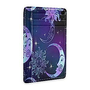 Linomo Thin leather Card Holder and Money Clip Galaxy Sun Moon Star Wallet RFID Blocking for Men & Women
