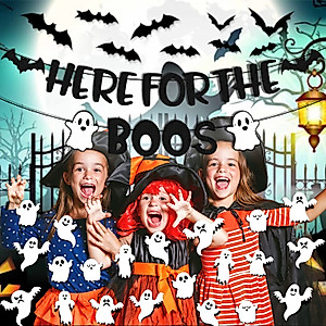 35 PCS Here for The Boos Decorations Halloween Banner Ghost Bat Wall Decor Haunted House Pumpkin Happy Boo Day Theme for Boy Girl Kid Halloween Festival Holiday Party Decoration Black Glitter Supplies