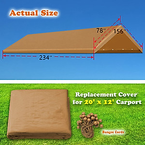 Strong Camel Carport Conopy Cover 12 x 20 Feet Replacement Tent Garage Outdoor Top Tarp Car Shelter with Ball Bungees Tan (with Edge, Frame Not Included)