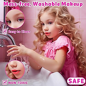 Hollyhi 58 Pcs Kids Makeup Kit for Girl, Princess Toys Real Washable Cosmetic Set with Mirror, Kids Makeup Sets for Girls, Play Make Up Birthday Gifts for 3 4 5 6 7 8 9 10 11 12 Years Old Kid (Rose)