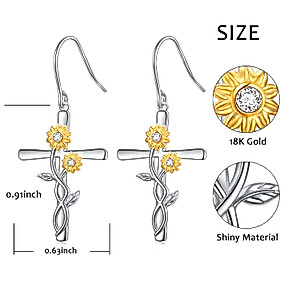 Cross Earrings 925 Sterling Silver Sunflower Dangle Earrings Sunshine Cross Dangle Drop Religious Jewelry Christian Baptism Gift for Women