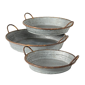 Farmers Deep-Dish Round Trays, Set of 3, Rustic Vintage Style, Galvanized Zinc Metal, 18, 15.75, and 12.25 Inches Diameter