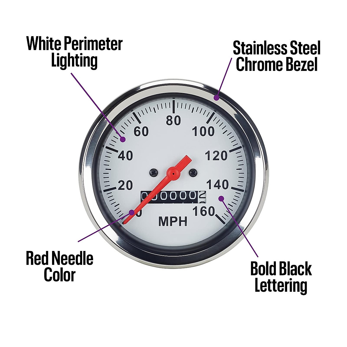 5-Gauge Set Complete Kit: 3-3/8" Mechanical Speedometer, 2-1/16" Component Gauges with White Face, Red Pointer & Chrome Bezel, Includes Tubing, Adapters, Fuel Level Sender