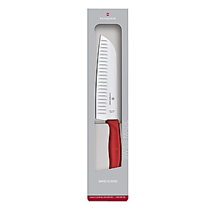 Victorinox 6.8521.17G Swiss Classic Santoku Knife for General-Purpose Slicing, Dicing, Mincing, and Everything In Between Fluted Edge Blade in Red, 6.7 inches