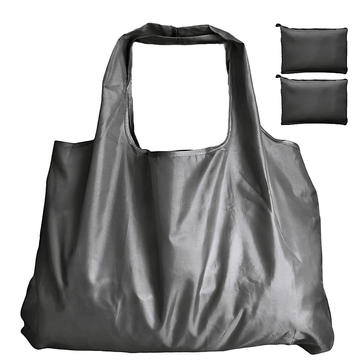 HAPPYHEIDI 2 Pack Foldable Reusable Shopping Bags Grocery Totes, Long Handles, Fold-Up Pouch,Heavy Duty, Washable Nylon, Solid Black