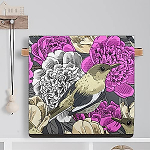 Large Collapsible Storage Bins,Bird Peony Flower Decorative Canvas Fabric Storage Boxes Organizer with Handles,Cube Square Baskets Bin for Home Shelves Closet Nursery Gifts