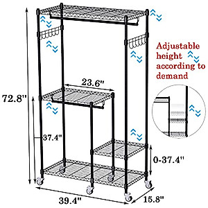 uyoyous 3 Tier Rolling Clothing Rack 73 X 40 Inch Wire Heavy Duty Clothes Rack with Locked Wheels and Side Hooks Rolling Garment Rack Closet Organizer for Bedroom