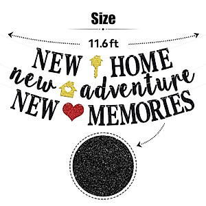 New Home New Adventure New Memories Banner, New Home New Chapter/Sweet Home/Our First Home Housewarming Party Backdrop, Pre-strung New Couple/Housewarming/Family Reunion Party Bunting Sign, Black Glitter