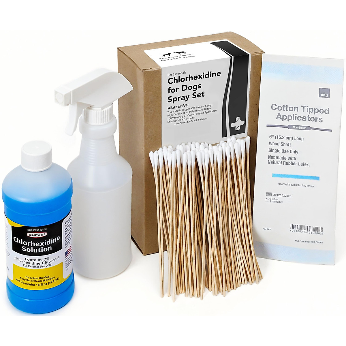 Chlorhexidine for Dogs 2% Solution Spray Set - Pint (473 mL) with Bottle (16 oz) + Trigger Sprayer & 100 (6") Cotton Applicator Tips - Helps Itching, Hot Spots, Irritation, Allergies & Sensitive Skin