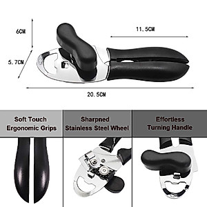 Can Opener Manual Handheld Duty Hand Can Opener Smooth Edge Comfortable Grip Safety Can Openers, Easy Turn Knob, Sharp Cutting Wheel, Built in Bottle Opener, Black