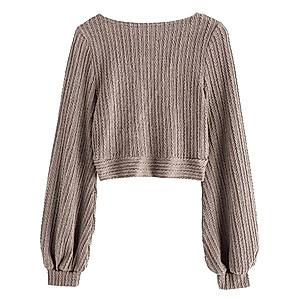 ZAFUL Women's Pullover Ribbed Batwing Lantern Sleeve Knitwear Knitted Crop Top Solid Round Neck Long Sleeve T-Shirt