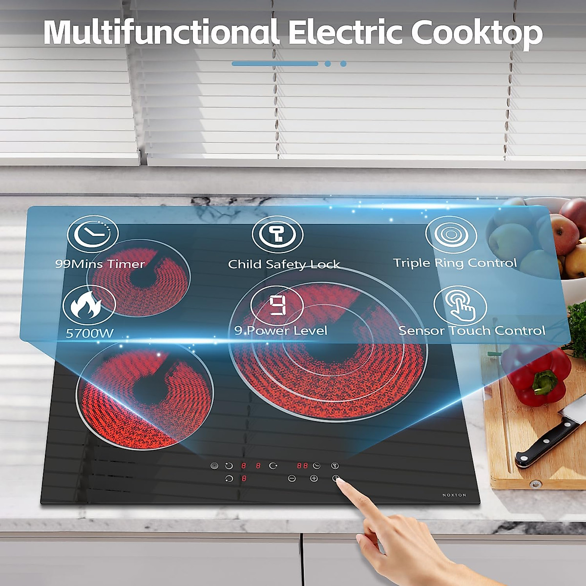 Noxton 24 Inch Electric Cooktop 3 Burners Electric Stove Top, Built-in 24" Radiant Electric Ceramic Cooktop with Expandable Burners, Multifunctional, 220-240v,5700W,No Plug, Hard Wire