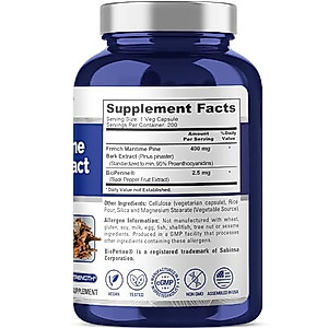 NusaPure French Maritime Pine Bark Extract 400mg per Veggie Caps 200-Day Supply Bioperine Non-GMO Vegan