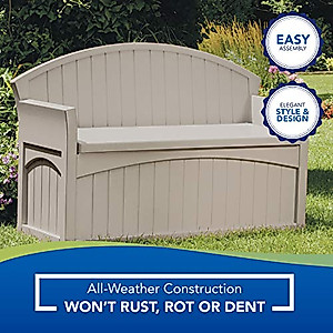 Suncast 50 Gallon Patio Bench with Storage - Decorative Resin Outdoor Patio Bench for Deck, Patio, Garden, Backyard - Ideal for Storing Toys, Cushions, Tools - Taupe ()