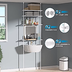 DYN Ptah Bathroom Organizer, 4-Tier Over-The-Toilet Storage, Adjustable Over The Toilet Storage Cabinet, Metal Bathroom Shelves Over Toilet for Small Room, Saving Space, 65 to 116 Inch Tall, White