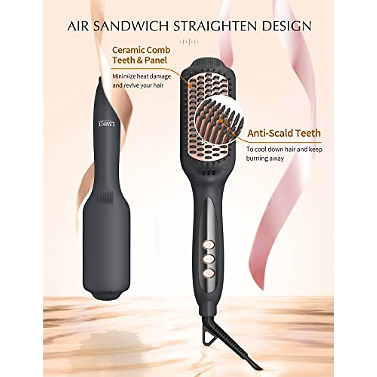 Hair Straightener Brush Heated Straightening Brush: Negative Ion Hot Hair Brush for Smooth Frizz-Free Women Hair - Ceramic Flat Iron Brush - Dual Voltage Anti-Scald Fast Heating