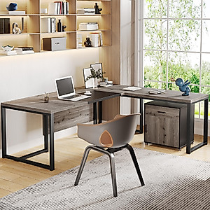 Tribesigns 70.8" L-Shaped Executive Desk with Drawer Cabinet, Large Executive Office Desk with Separate File Cabinet, Home Office Desk Workstation Business Furniture Set, Retro Gray
