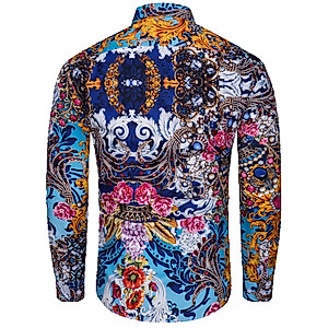 fohemr Mens Luxury Dress Shirts Baroque Gold Chain Print Casual Long Sleeve Button Down Shirt Blue Large