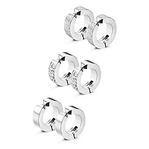 Jstyle 3 Pairs Stainless Steel Mens Womens Hoop Earrings Clip On CZ Non-Piercing S