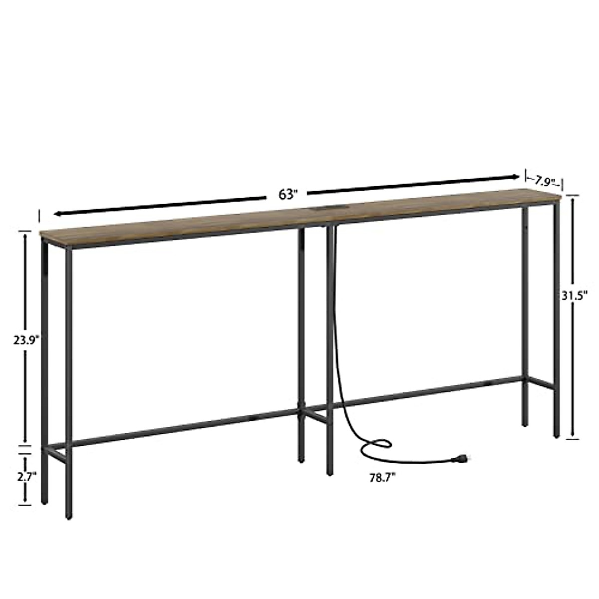 SONGXIN 70.9 Inch Console Table with Power Outlet,Modern Narrow Long Sofa Table Behind Couch,Skinny Entry Table with Black Metal Frame for Entryway,Living Room, Hallway,Walnut Brown