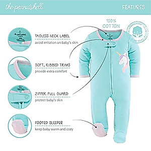 The Peanutshell Footed Baby Sleepers for Girls, Unicorn & Rainbow 3 Pack Set (9M) Pink