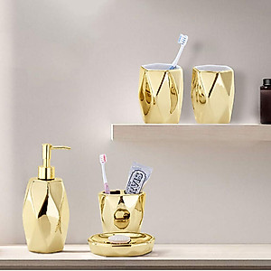 WYZQQ Luxury Gold Ceramic Bathroom Accessory Set, Bathroom Decor Including Soap Dispenser, Toothbrush Holder, Cup, Soap Dish, Tray - Creative Home Gift