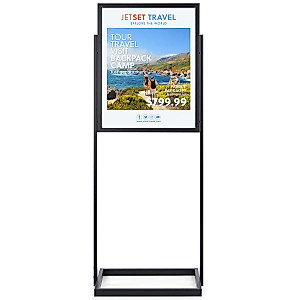 Sign Holder Stand for Floor with Top-loading Design, Includes 2 Non-glare Lenses for Double-sided Presentations, Poster Frame Display Fixture for 22" x 28" Graphics, Black, Aluminum