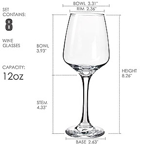 Wine Glasses Set of 8, 12 Oz Classic Red or White Wine Glass with Stem, Perfect for Home, Restaurant Use, Dishwasher Safe