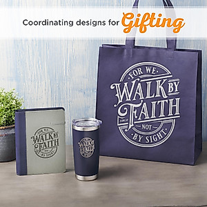Christian Art Gifts Large Travel Tumbler for Men & Women Stainless Steel Vacuum Insulated Inspirational Scripture: Walk by Faith, Retractable Lid, Navy Blue, 18 oz.