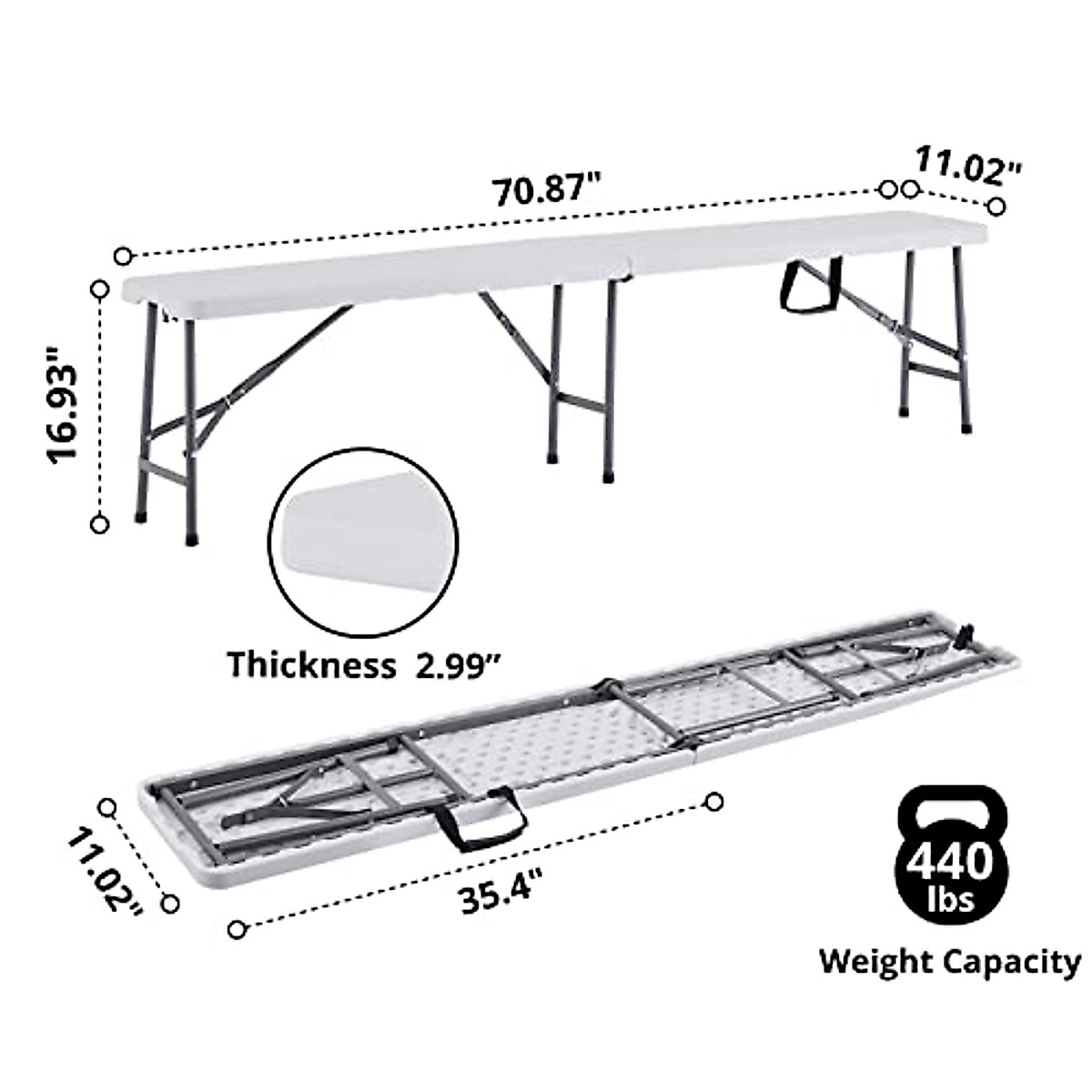 Naomi Home Resin Folding Soccer Bench, Foldable Garden Bench, Weatherproof White Bench, 6 Seat Narrow Folding Table, Outdoor Picnic Benches, 1.4 Feet Fold-Up Bench White