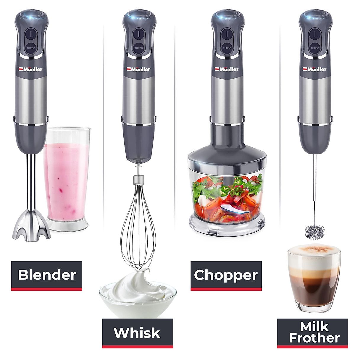 Mueller Smart Stick 800W, 12 Speed and Turbo Mode, 3-in-1, Heaviest Duty Copper Motor Immersion Blender, Titanium Steel Blades Hand Blender, Comfygrip Handle, Whisk, Beaker/Measuring Cup